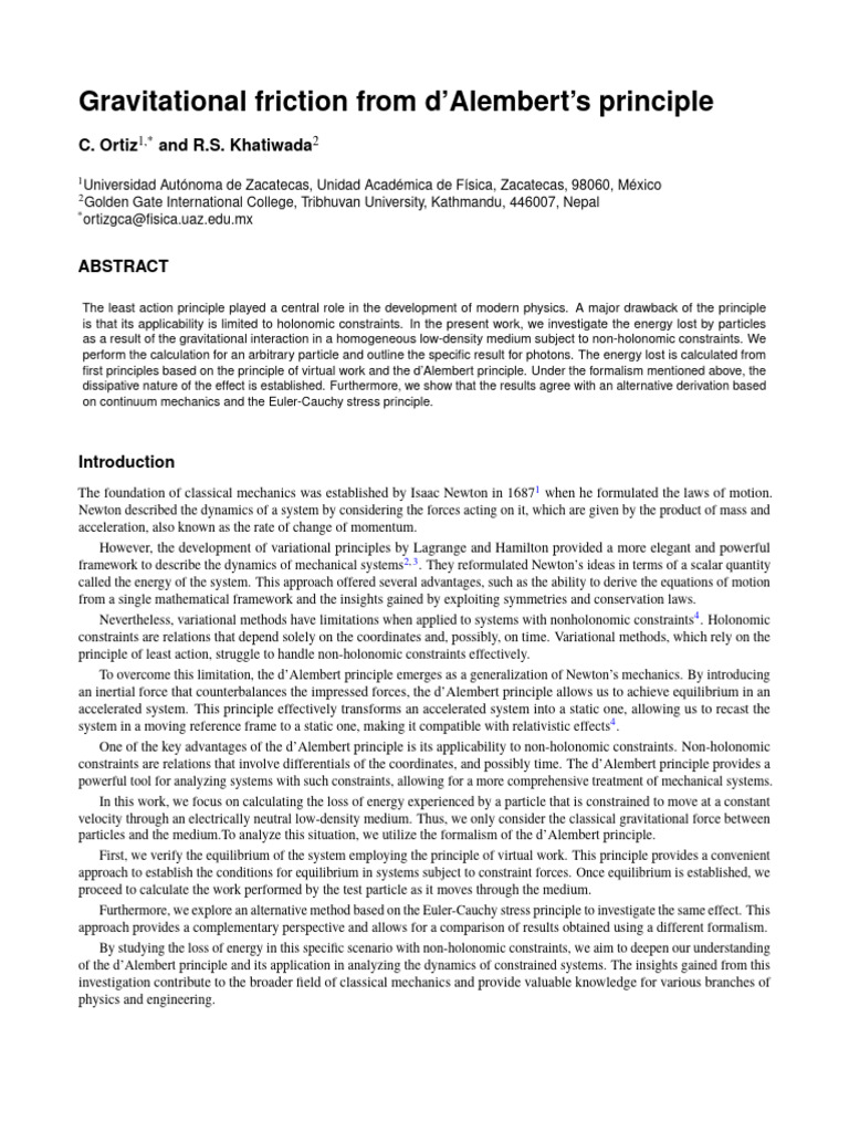 2502.07174v1 - Gravitational Friction From D'Alembert's Principle | PDF ...