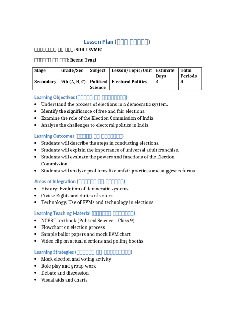 Class 9 Electoral Politics Lesson Plan | PDF | Elections | Electronic ...