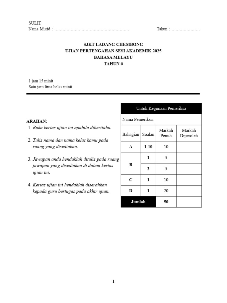 Upsa Bahasa Melayu Tahun 6 2025 | PDF