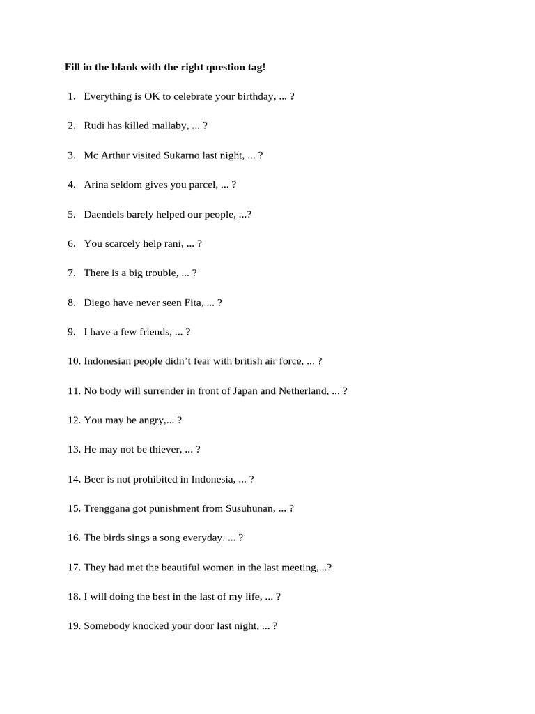Question Tag Practice Exercises | PDF