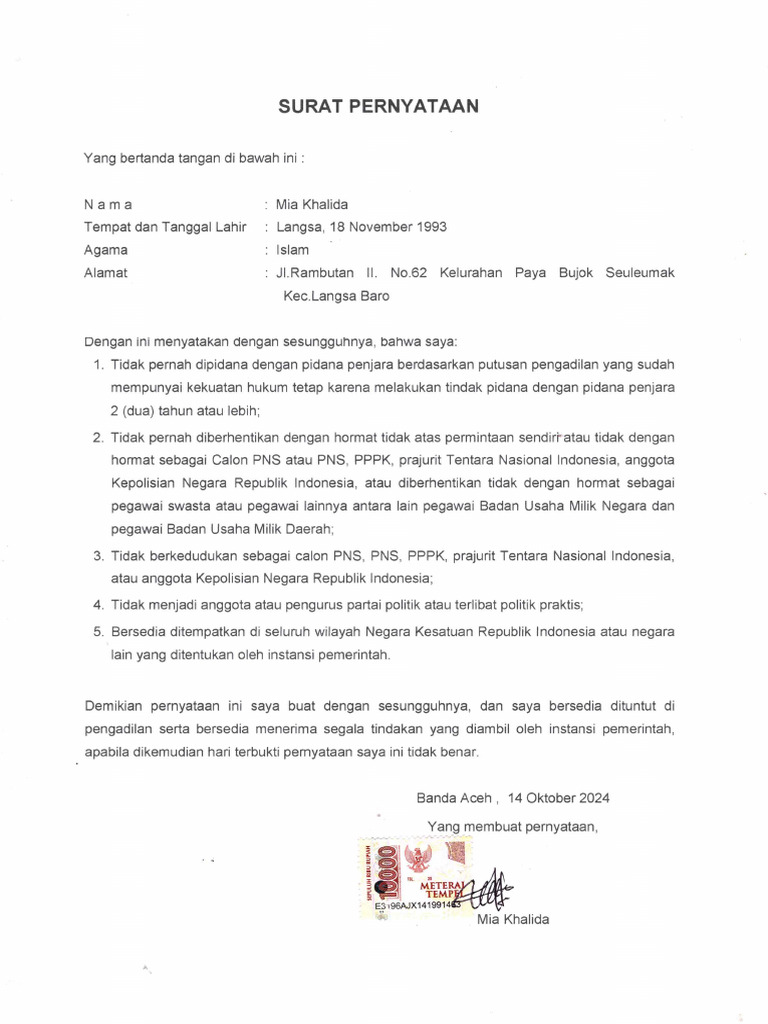 Surat Pernyataan | PDF