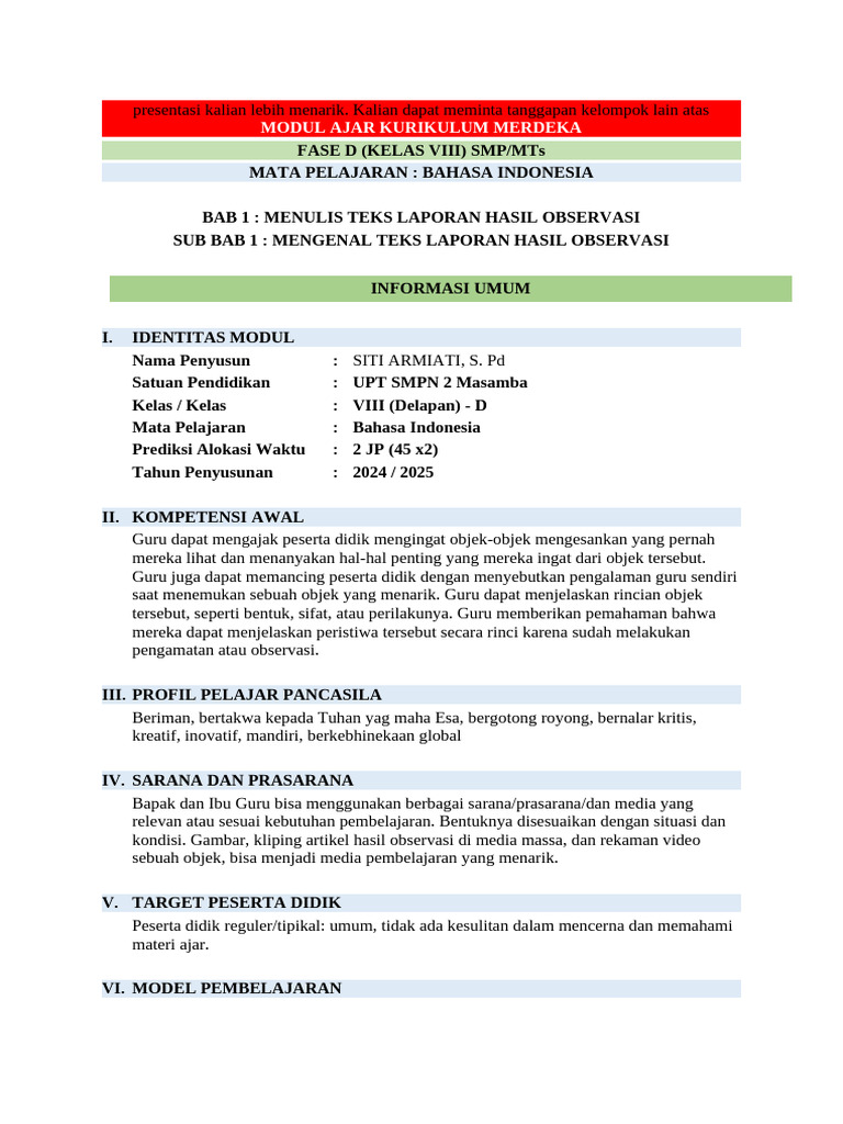 Modul Ajar Bindo Observasi Armiati | PDF