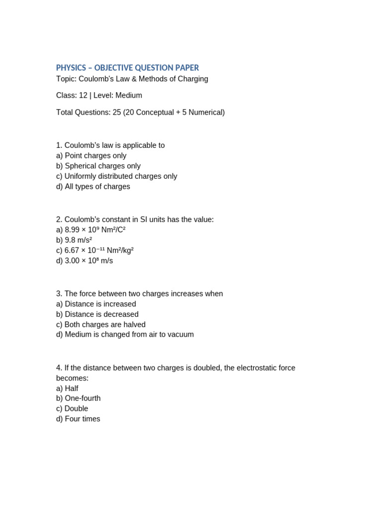 Coulombs Law Objective Questions Class12 | PDF | Electric Charge | Force