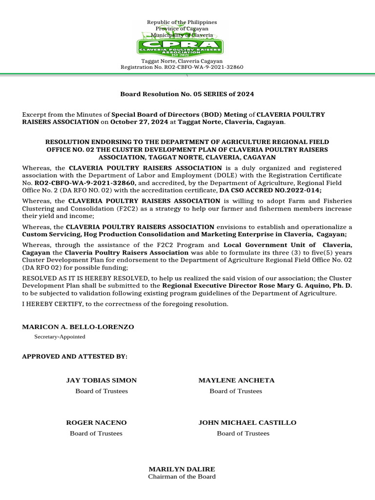 Board Resolution Endorsing The CDP | PDF | Agriculture