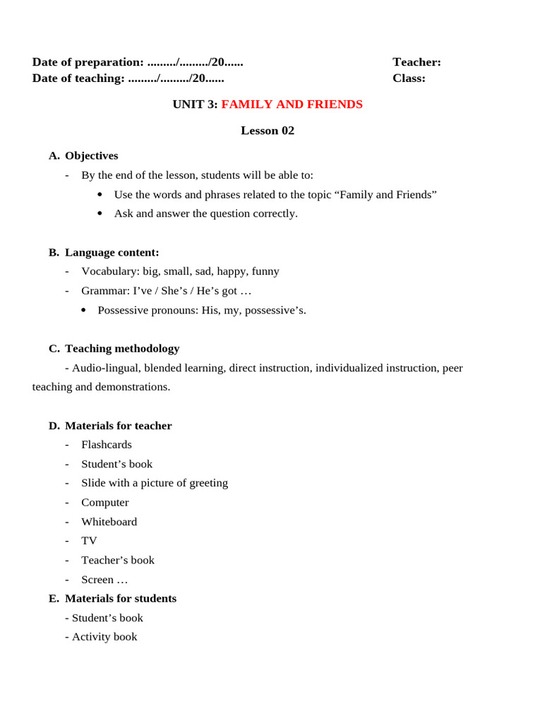 Unit 3 Family and Friends Lesson 2 Done | PDF | Learning | Linguistics