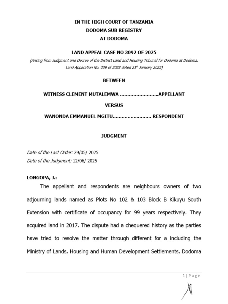 Witness Clement Mutalemwa Vs Wanonda Emmanuel Mgitu 2025 TZHC 2927 (12 June 2025) | PDF | Burden ...