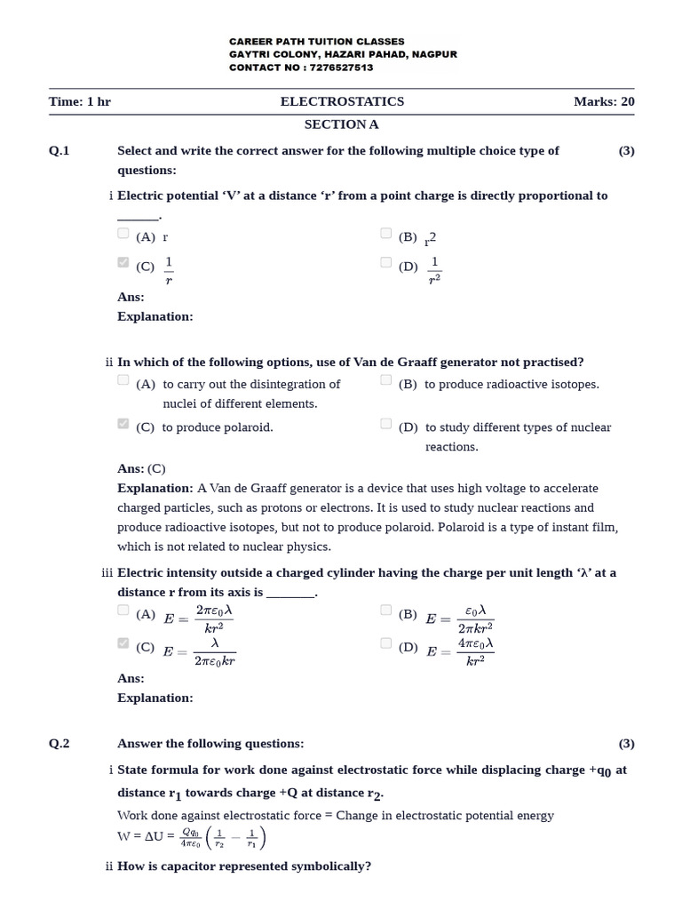 ELECTROSTATICS Answer Key | PDF | Dielectric | Capacitance