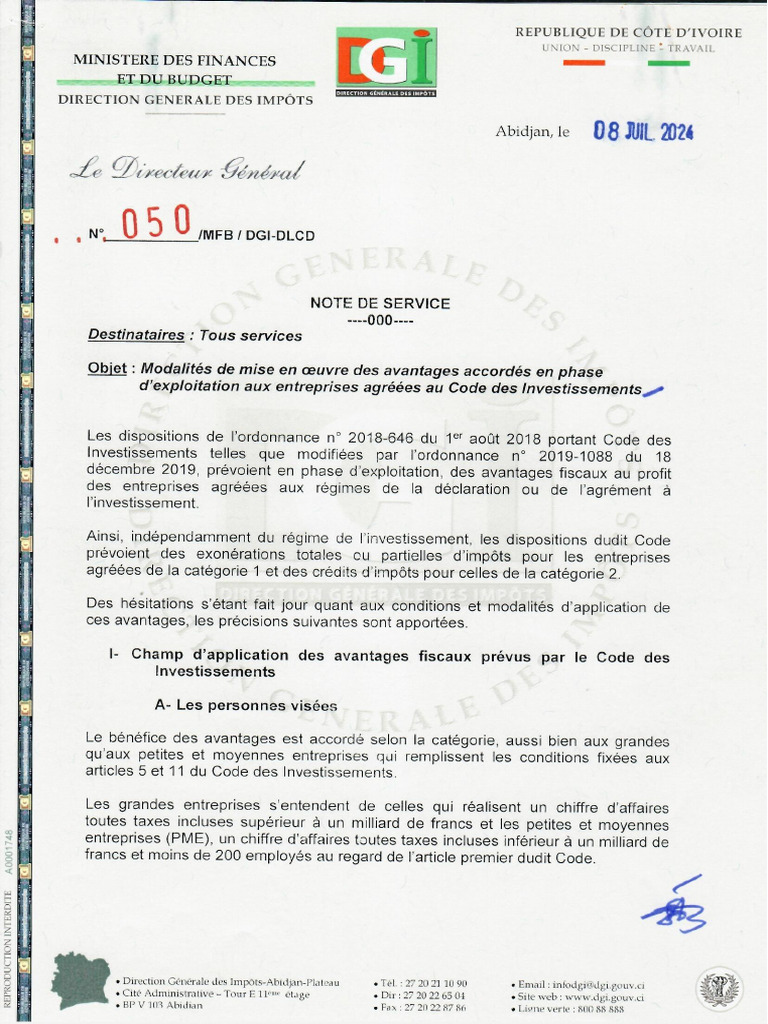 N° 050 MFB DGI DLCD DU 08 JUIL 2024 Modalités de mise en oeuvre ... au Code des Investissements ...