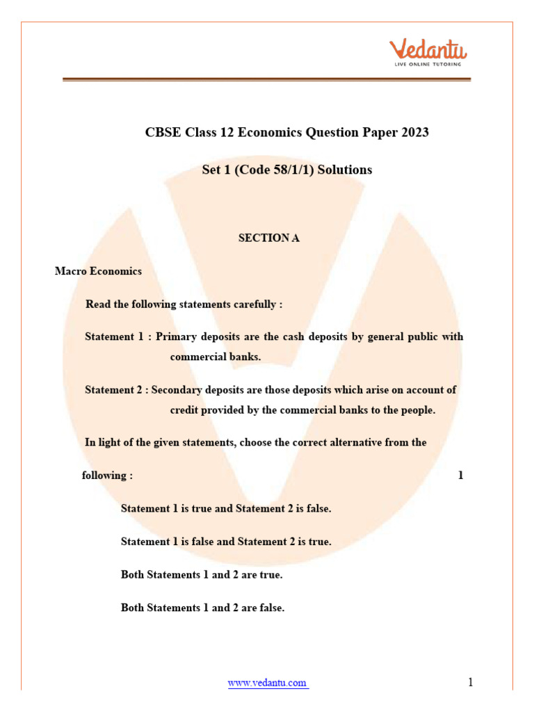 Class 12 Economics Question Paper Set 1 (58!1!1) 2023 With Solutions ...