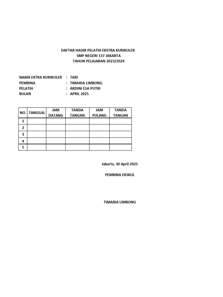 Daftar Hadir Ekskul 1 | PDF