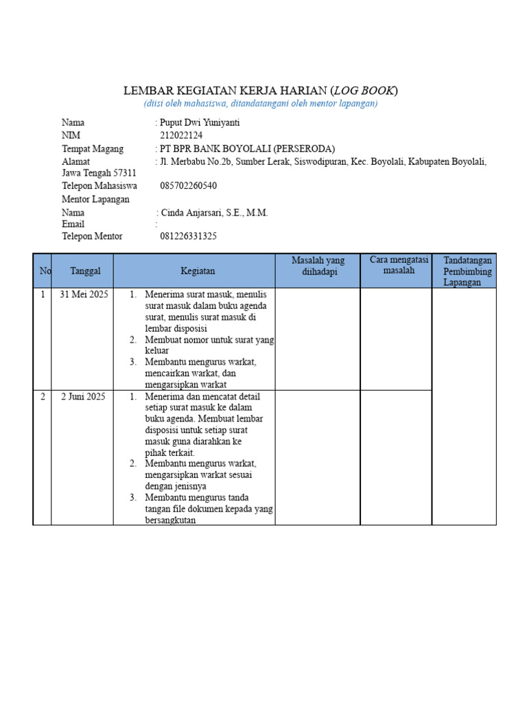 Logbook Minggu 1112 | PDF