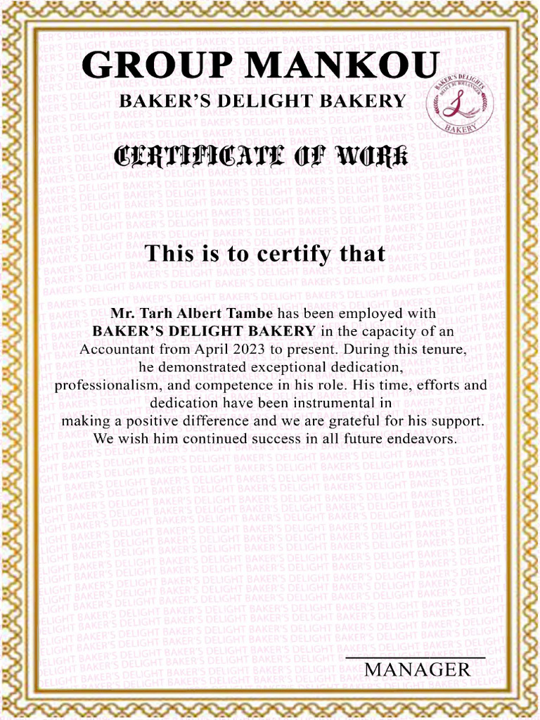 Employment Certificate for Tarh Albert Tambe | PDF
