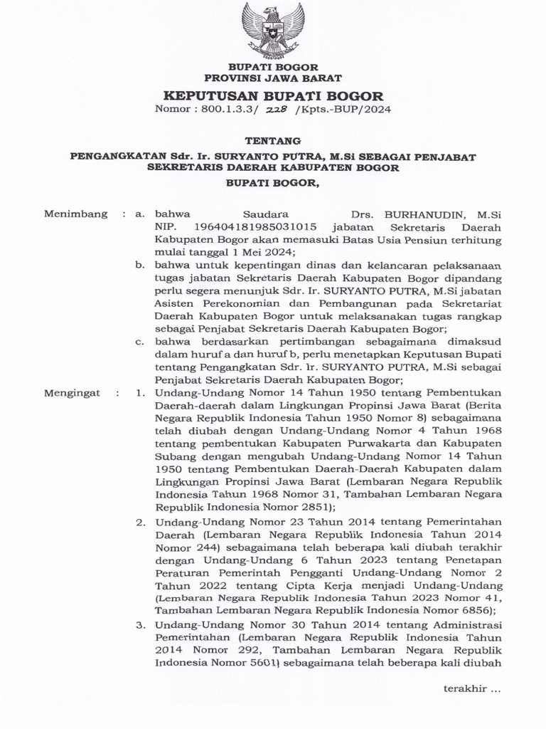 Pengangkatan Suryanto Putra sebagai Sekda Bogor | PDF
