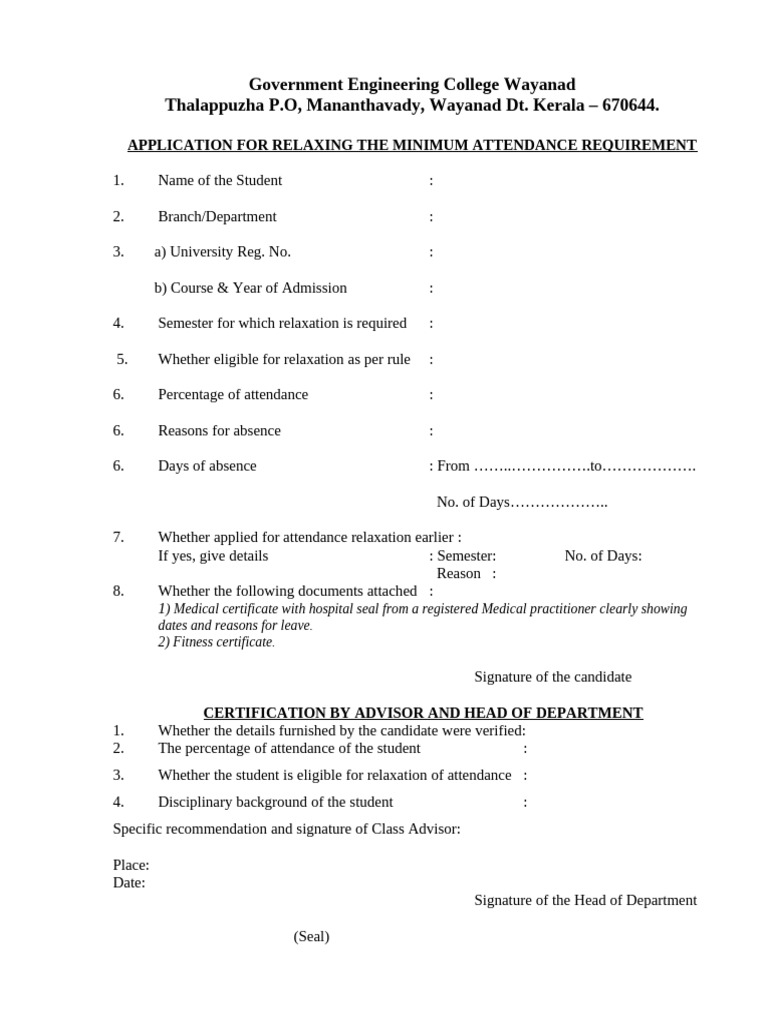 Application For Attendance Relaxing The Minimum Attendance Requirement 2 1 | PDF | Academic Term