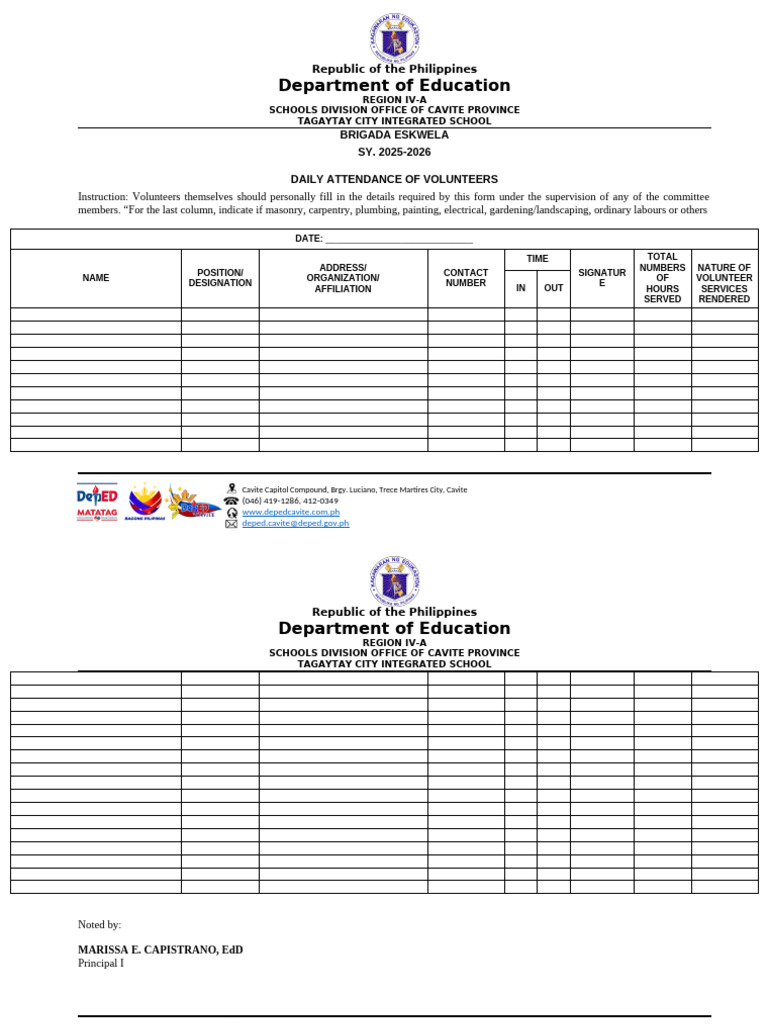 Daily Volunteer Attendance Form 2025-2026 | PDF