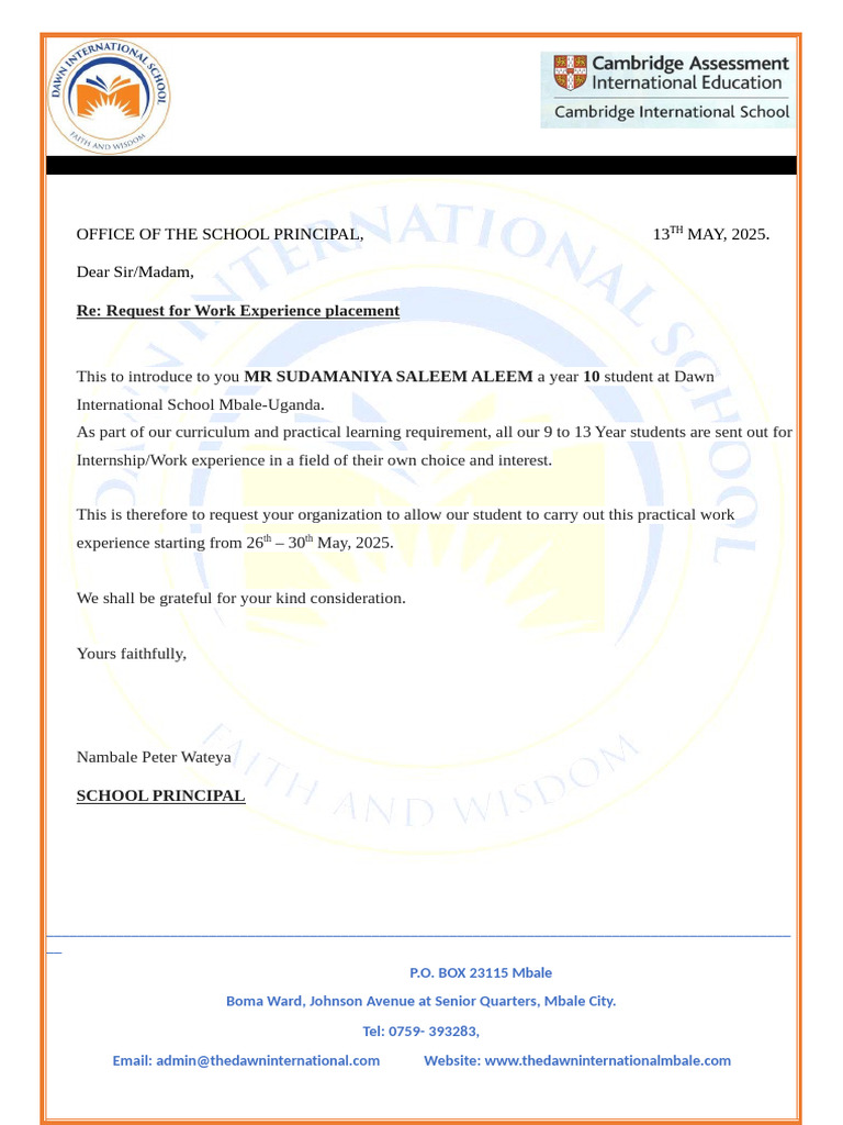 Placement Letter For Students | PDF