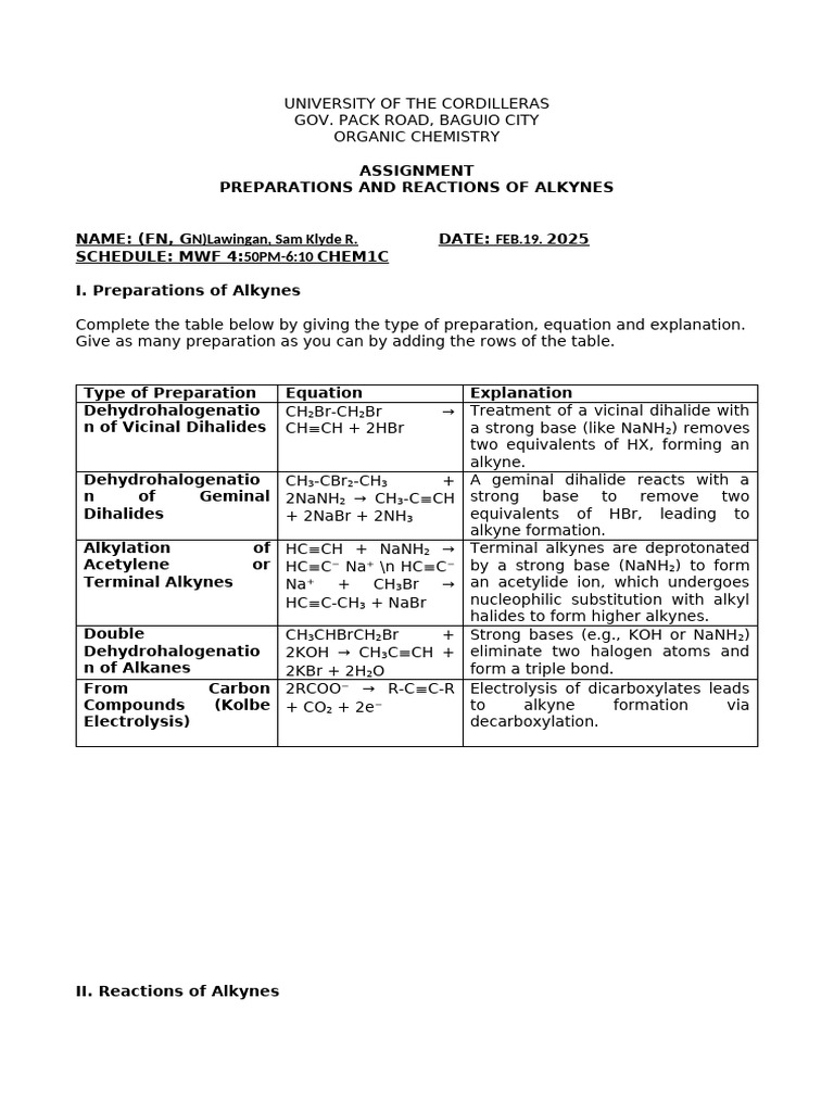Assignment Alkynes Preparations and Reactions 2 | PDF | Alkene | Unit Processes
