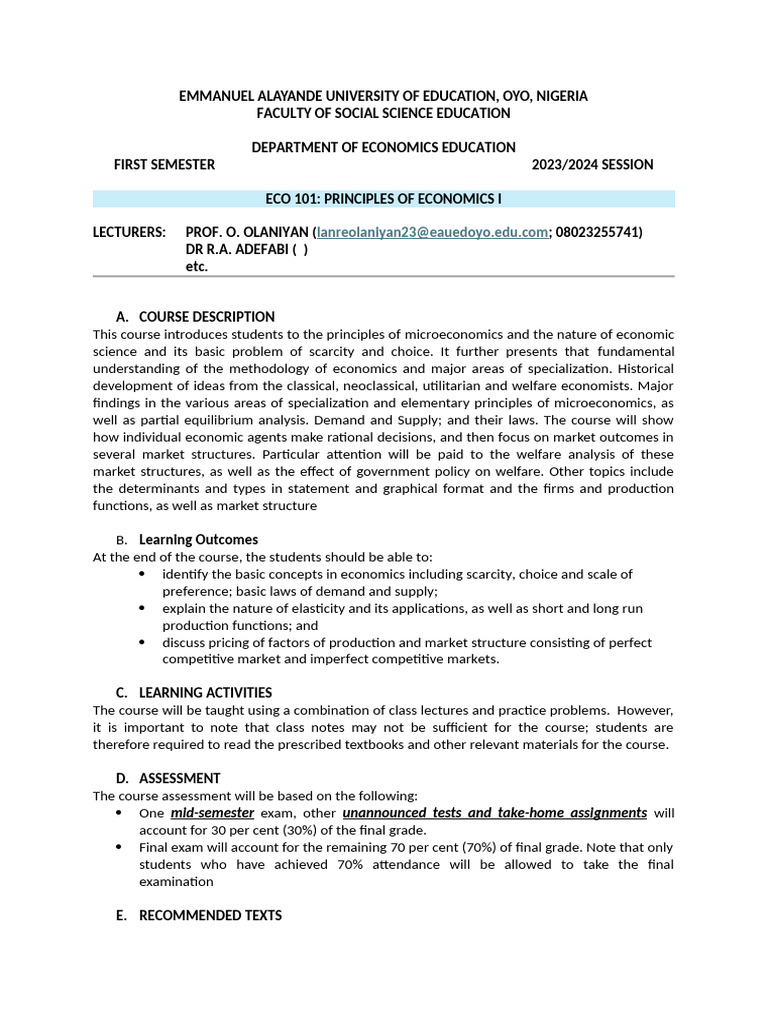 Eaued Course Outline Eco 101, Principles of Economics Draft | PDF ...