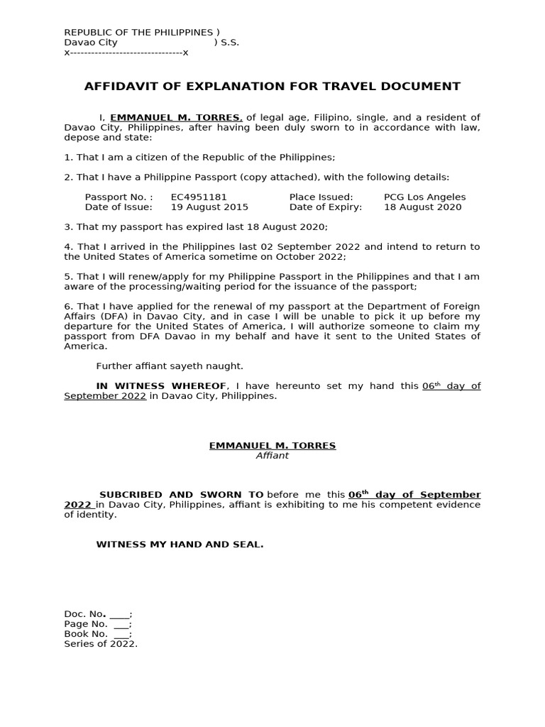 Affidavit of Explanation For Travel Document | PDF