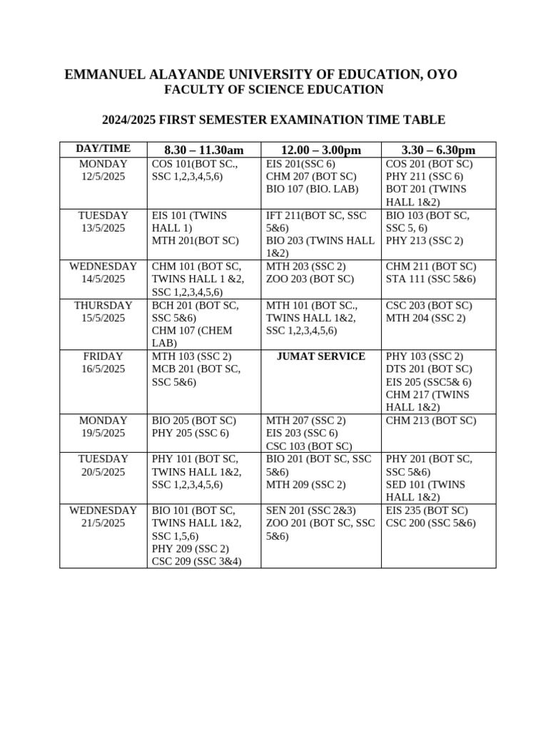 First Sem. Exam Timetable (SCIENCE) - 1 | PDF