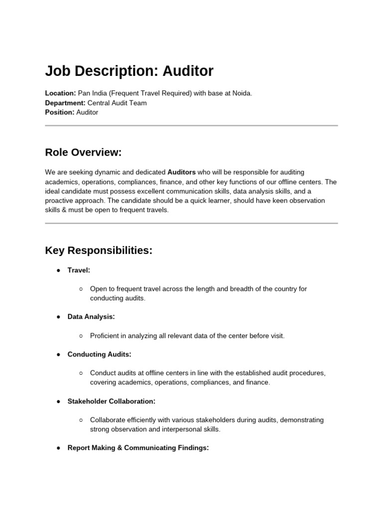 Auditor Job Description - Pan India | PDF