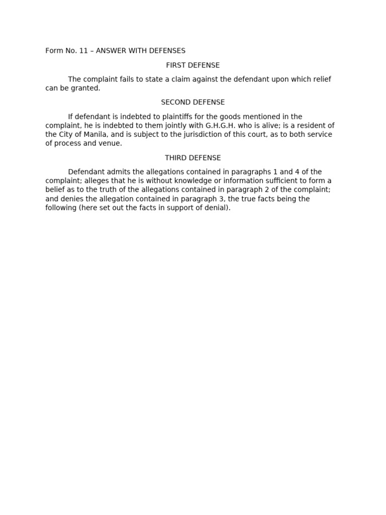 Form No. 11 - Answer With Defenses | PDF