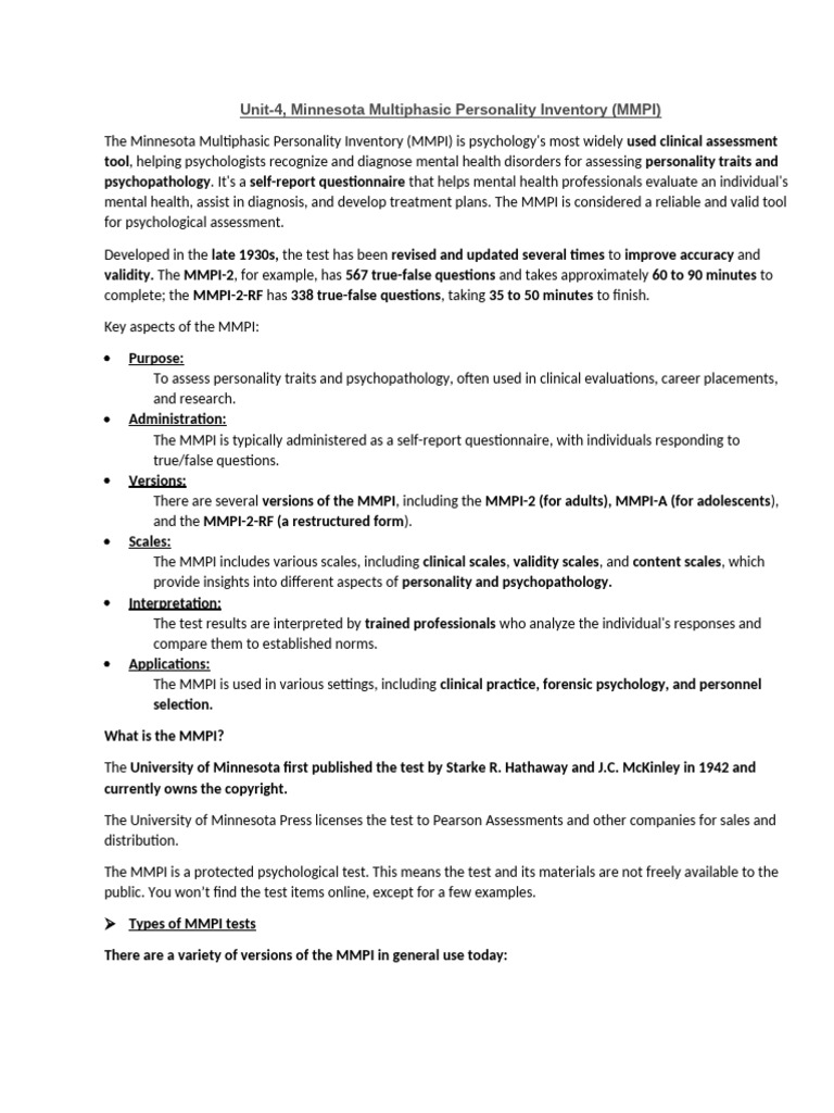 Unit-4, Minnesota Multiphasic Personality Inventory | PDF ...