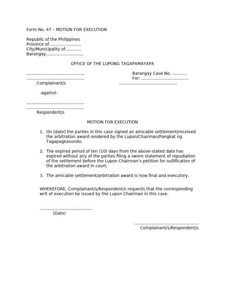Motion for Execution in Barangay Cases | PDF