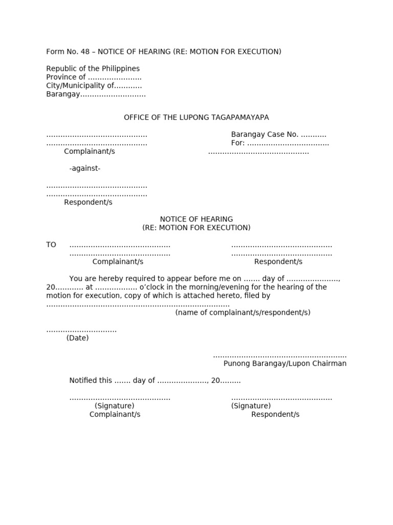 Form No. 48 - Notice of Hearing (Motion For Execution) | PDF