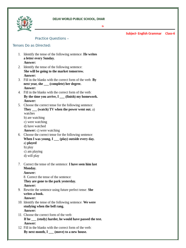 Class 6 English Grammar Practice Questions | PDF | Verb