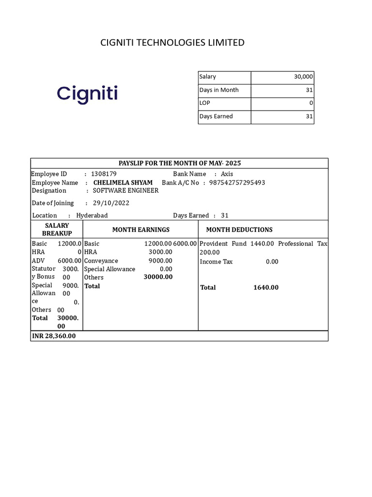 Cigniti Technologies May 2025 Payslip | PDF