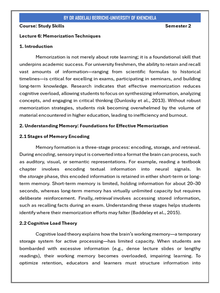 Lecture 6 - Memorization Techniques | PDF | Memory | Recall (Memory)