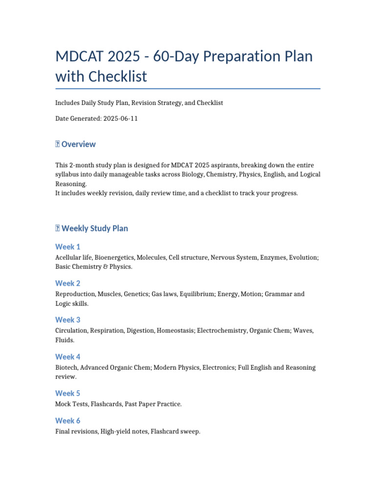 MDCAT 2025 Study Plan Checklist | PDF
