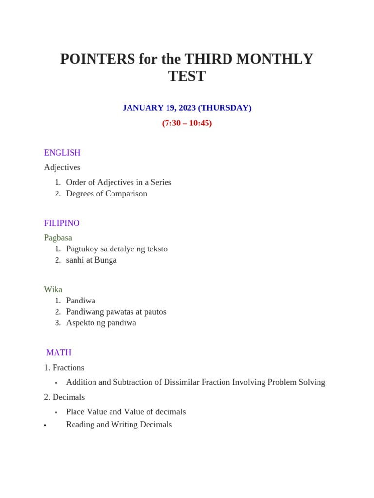 Pointers For The Third Monthly Test | PDF