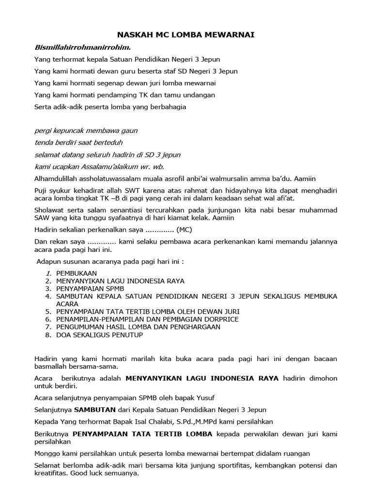 Naskah MC Lomba Mewarna | PDF