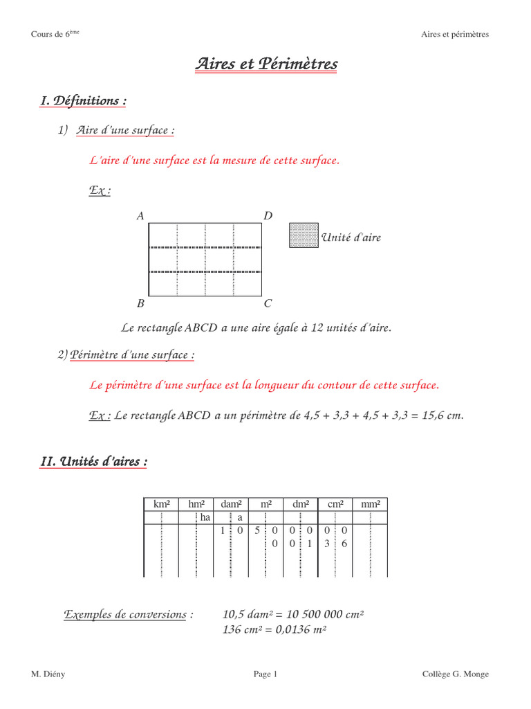 Aires et Périmètres en 6ème | PDF | Distance | Longueur