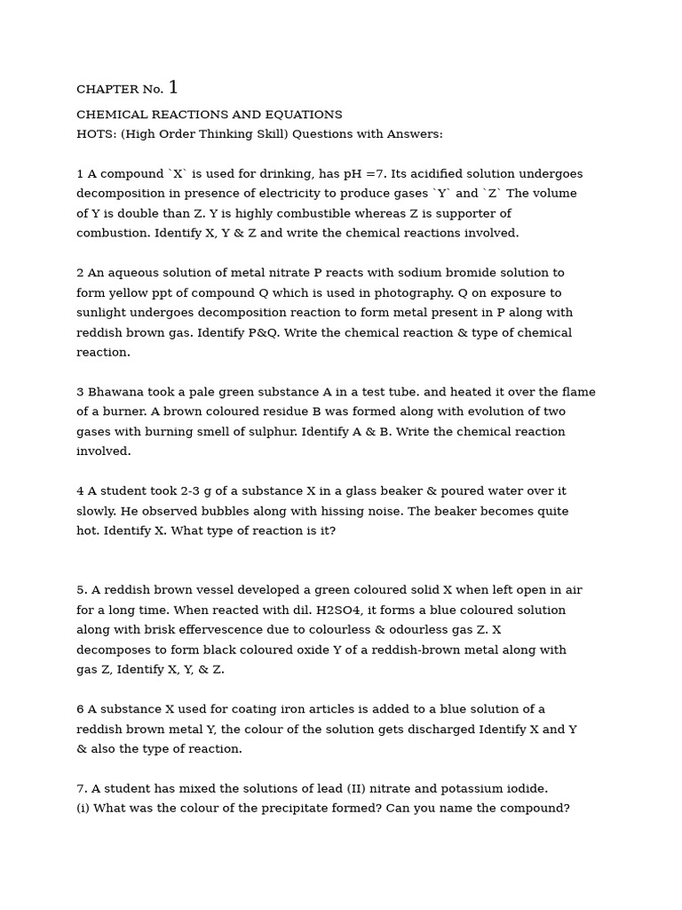 CBSE Class 10 Science HOTs Question Bank 2 Chemical Reaction | PDF ...