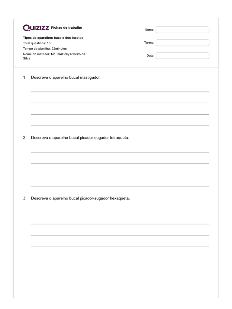 Tipos de Aparelhos Bucais Dos Insetos - Quizizz | PDF | Insetos | Boca