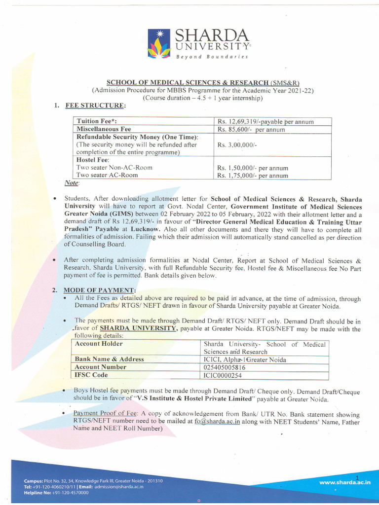 Mbbs Fee Sructure Admission Guidelines 2021 22 | PDF | Cheque