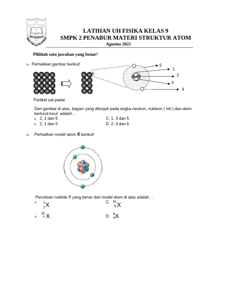 Latihan Soal Bab 1 Struktur Atom, Ikatan Kimia Fisika Kelas 9 SMP Kanisius CC | PDF