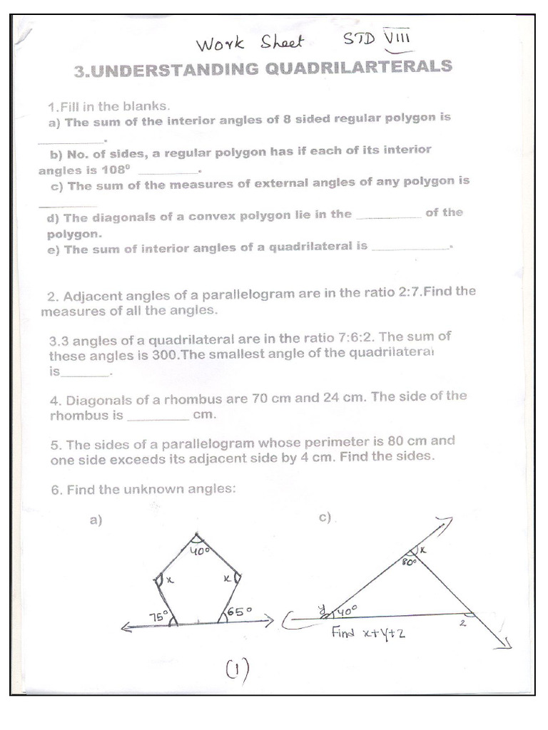 CBSE Class 8 Mathematics Worksheet - Understanding Quadrilaterals | PDF