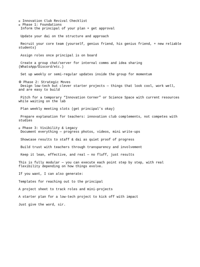 ? Innovation Club Revival Checklis | PDF