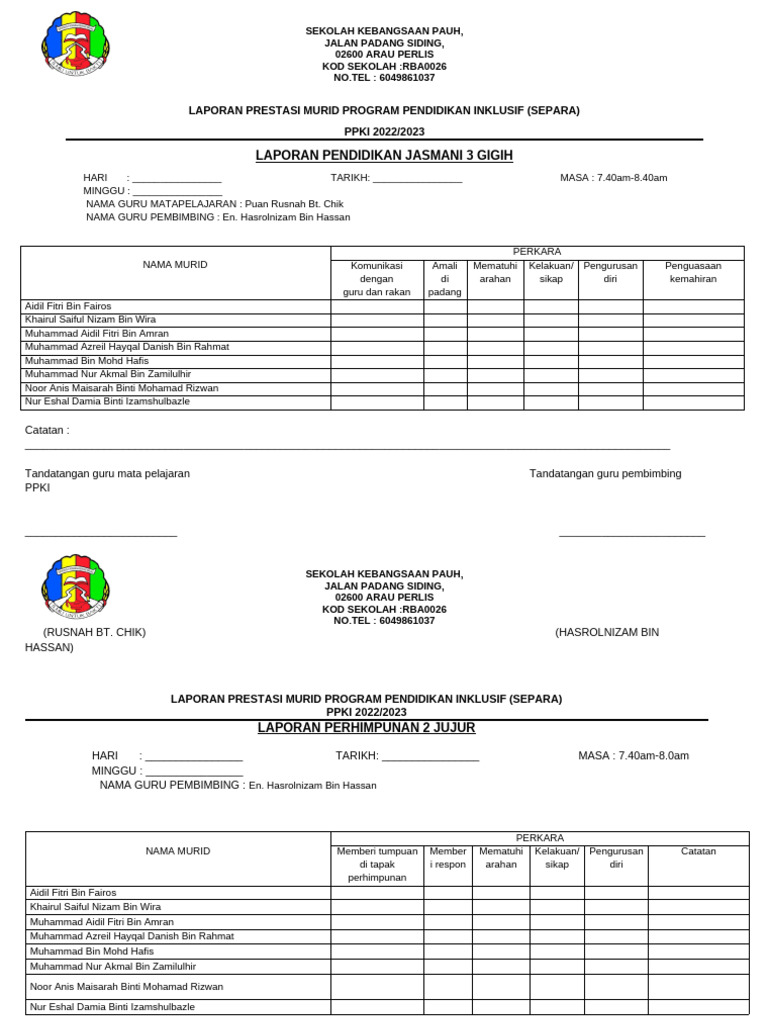 Laporan Prestasi Murid Program Pendidikan Inklusif | PDF