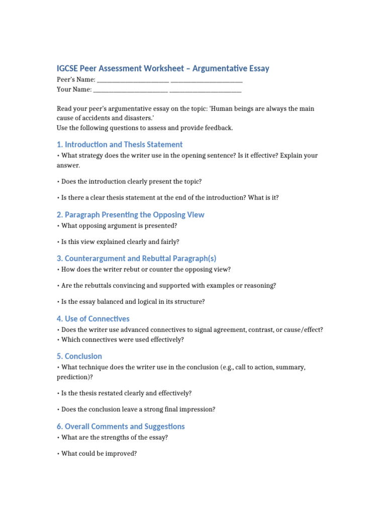IGCSE Peer Assessment Argumentative Essay | PDF