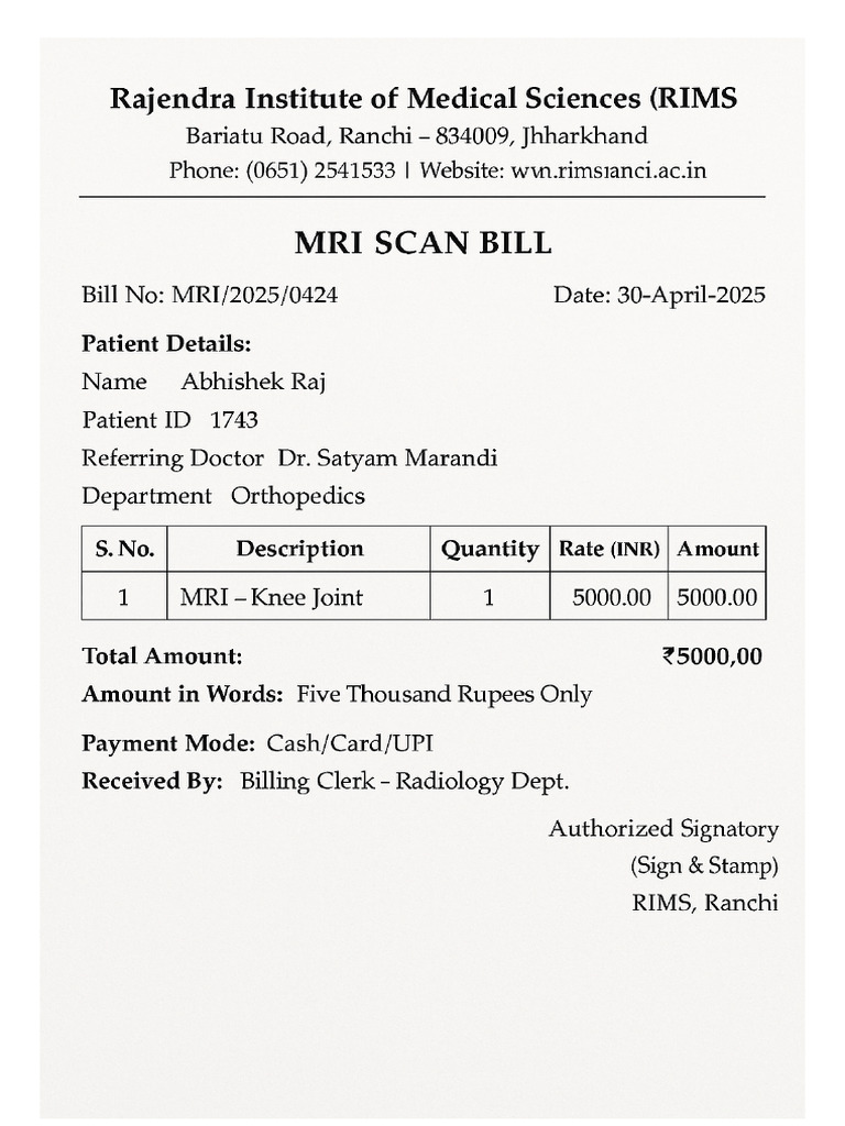 Mri Bill Rims Ranchi | PDF