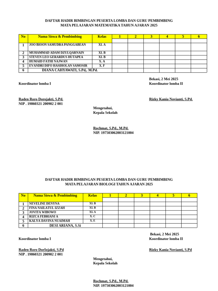 Daftar Hadir Bimbingan OSN 2025 | PDF