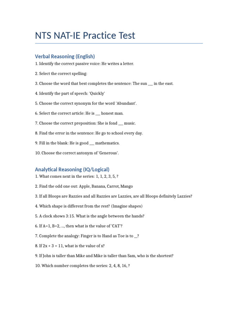 NTS NAT IE Practice Test | PDF | Molecules | Physical Sciences