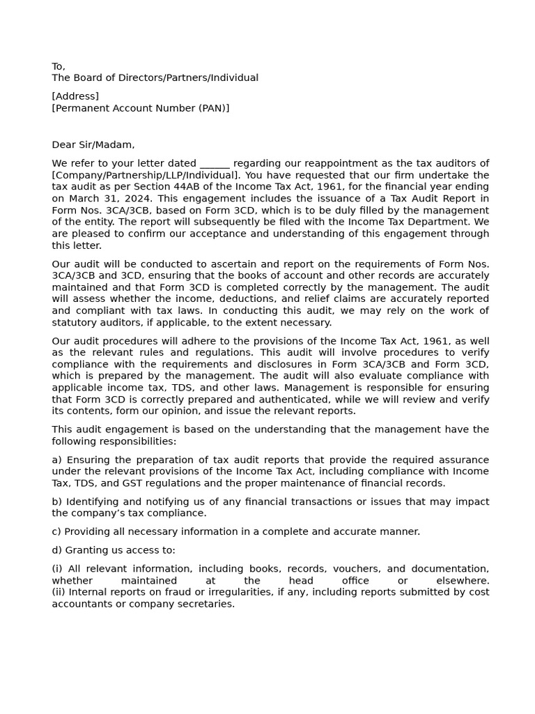 Tax Audit Engagement Letter Confirmation | PDF | Audit | Business