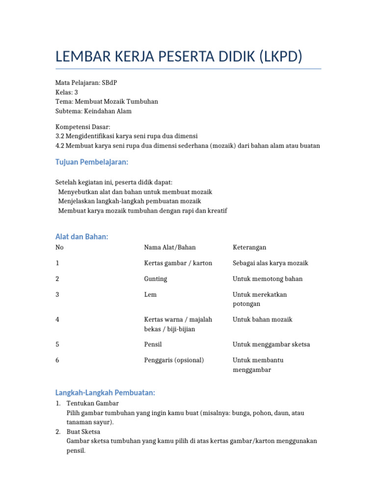 LKPD SBDP Mozaik Tumbuhan | PDF