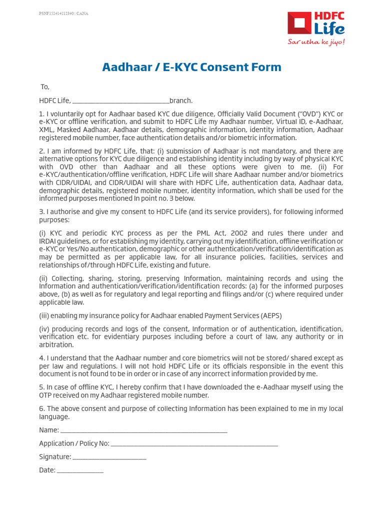 Aadhaar E KYC Consent Form Shweta | PDF | Identity Document | Privacy